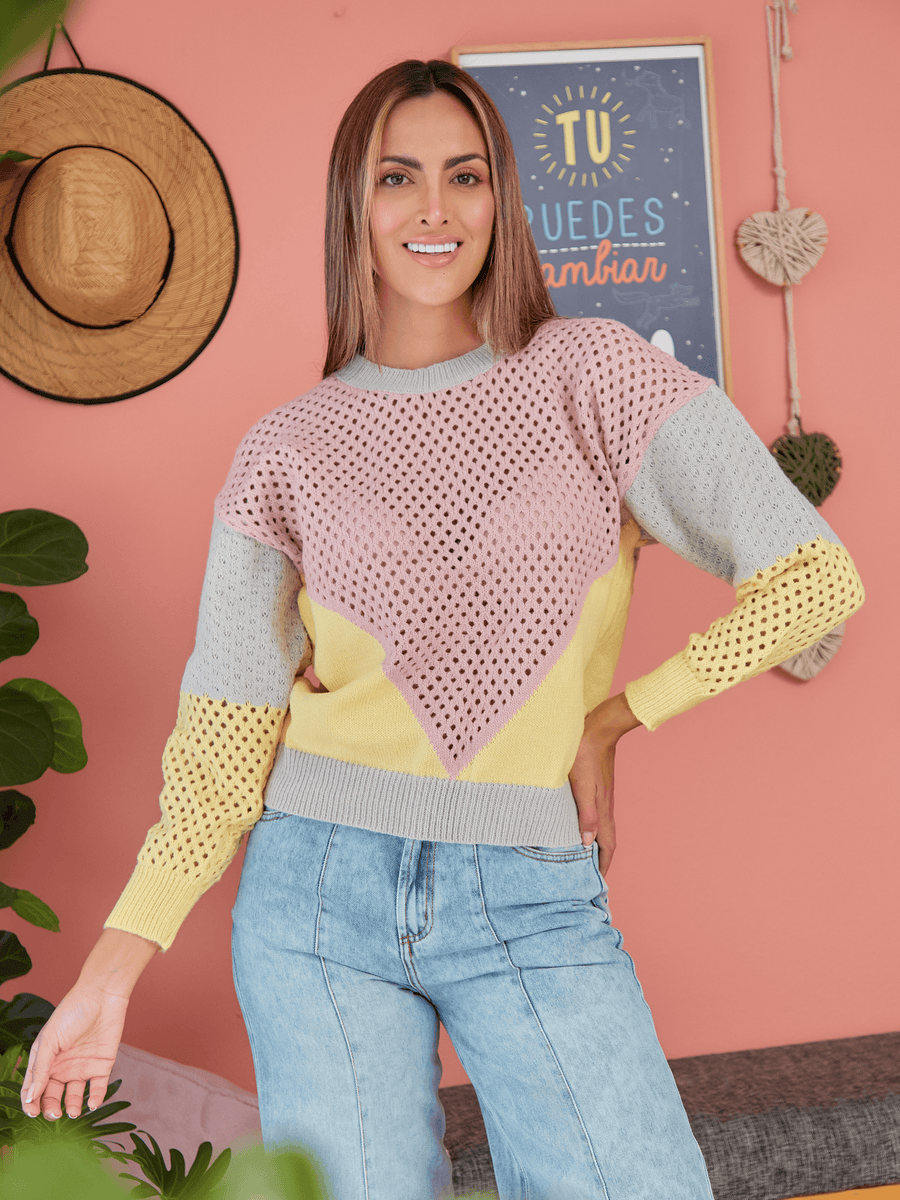 Saco Tejido Bloques de Color Rosa/Gris– Lemon Tree Store